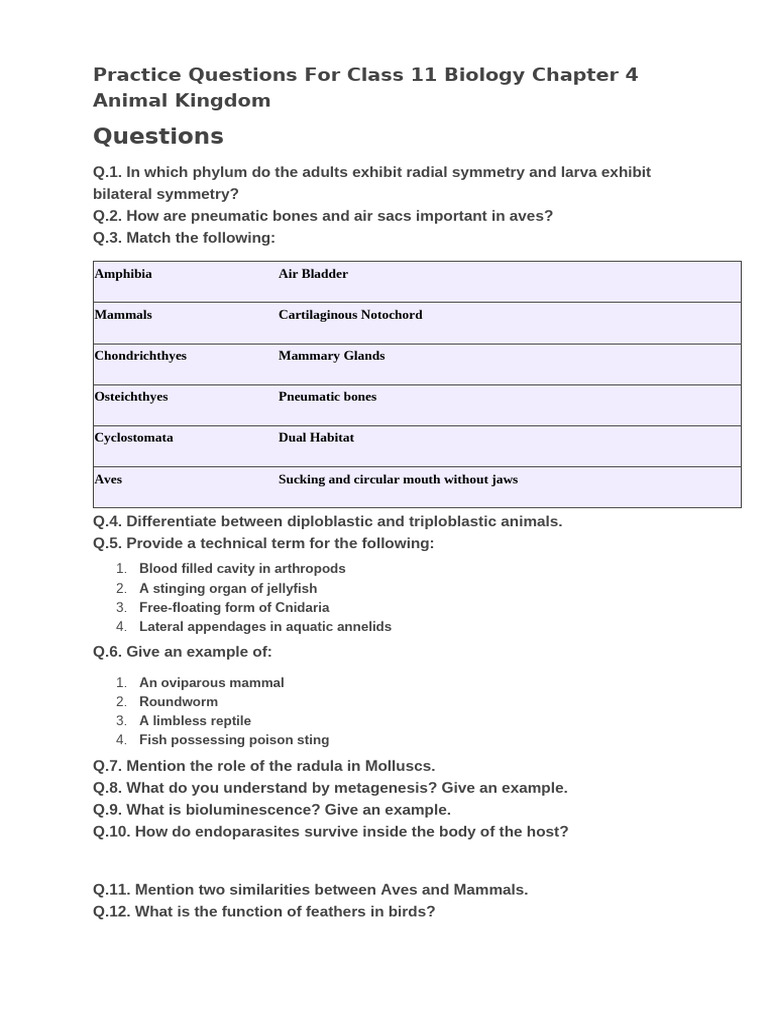 Practice Questions For Class 11 Biology Chapter 4 Animal Kingdom | PDF ...
