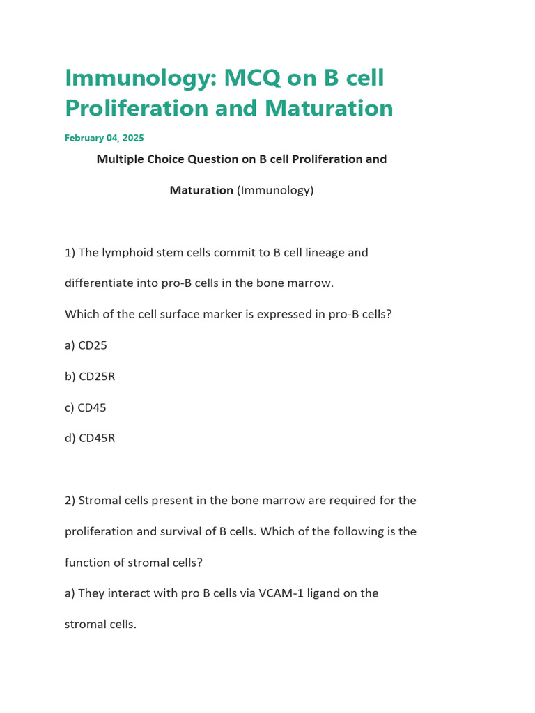 Immunology - MCQ On B Cell Proliferation and Maturation | PDF | B Cell ...