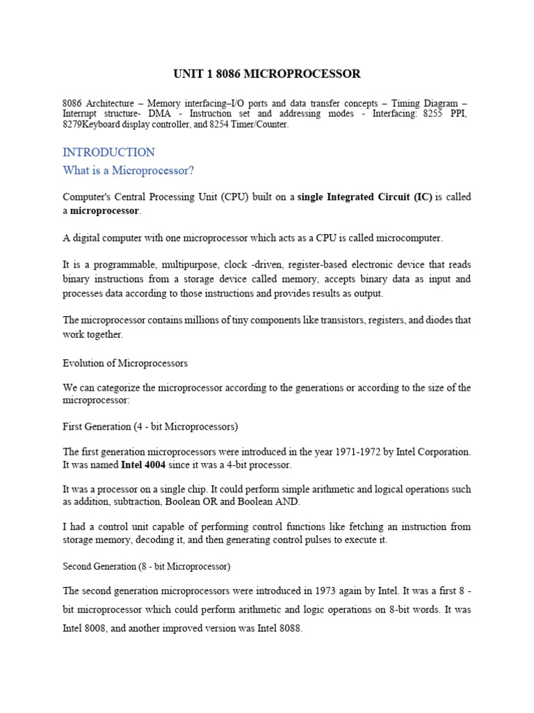 Unit 1 8086 Microprocessor | PDF | Central Processing Unit | Input/Output