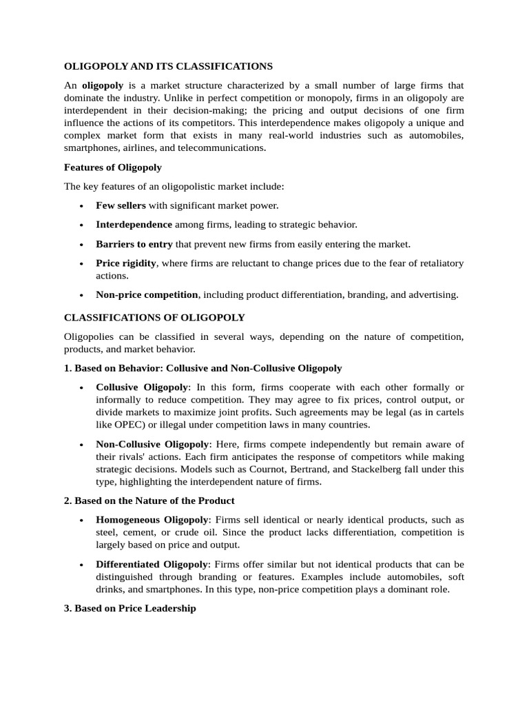 Oligopoly and Its Classifications | PDF | Oligopoly | Competition