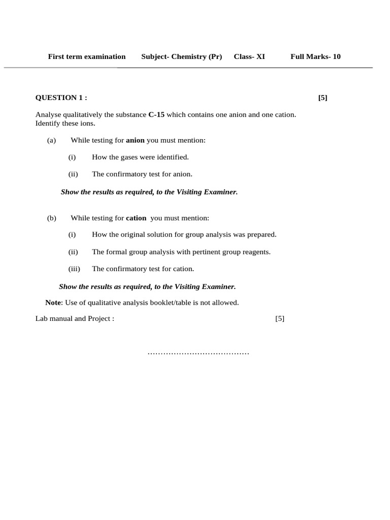 Class 11 Practical Paper For Chemistry 2025-26 | PDF