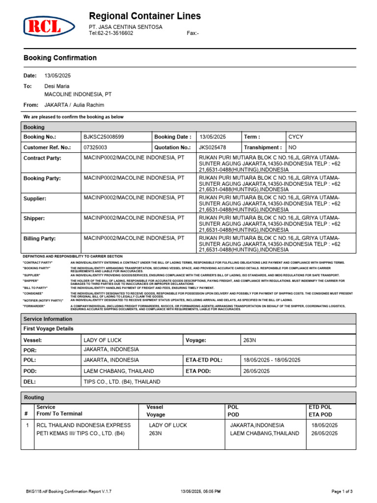 Regional Container Lines: Booking Confirmation | PDF | Cargo | Bill Of ...