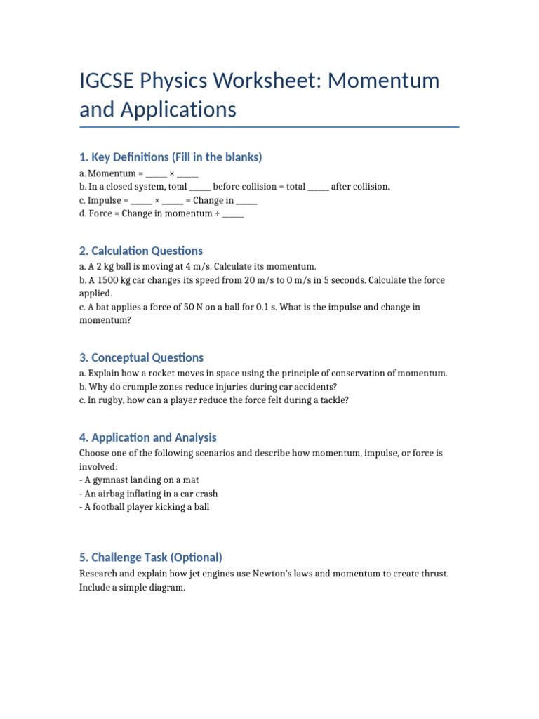 Momentum and Applications Worksheet | PDF
