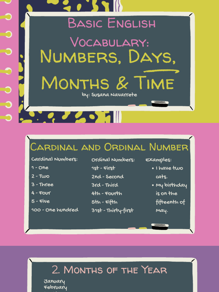 Basic English Vocabulary Numbers, Days, Months & Time | PDF