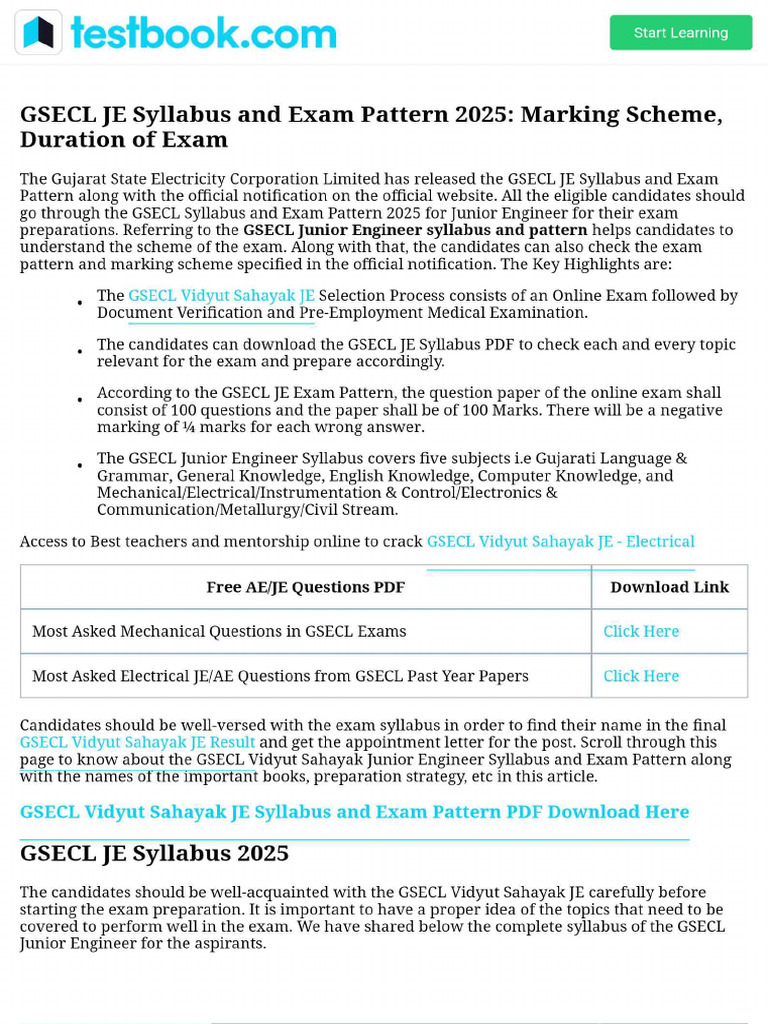 GSECL JE Syllabus and Exam Pattern 2025 - Marking Scheme, Duration of Exam | PDF