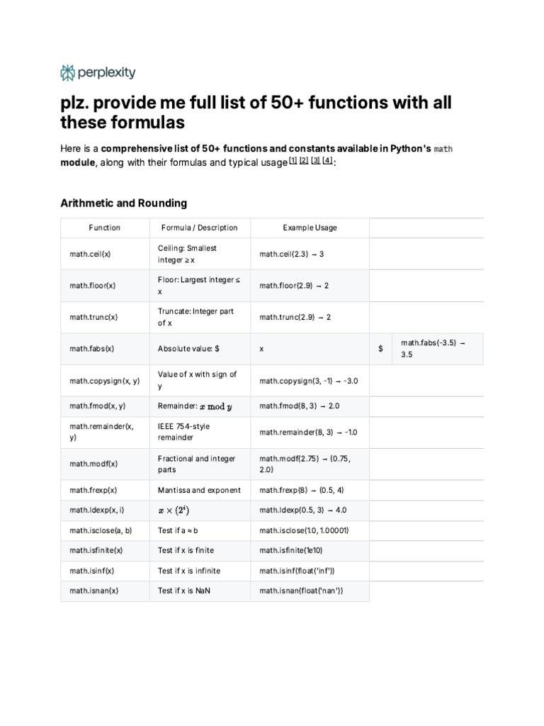 Comprehensive List of 50+ Functions and Constants Available in Python's | PDF | Trigonometric ...