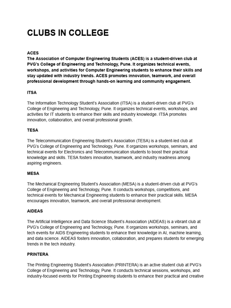 Clubs in College | PDF | Engineering | Entrepreneurship