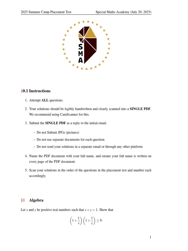 2025 Summer Camp Math Test Instructions | PDF