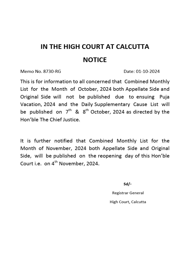 Calcutta High Court October 2024 Notice | PDF