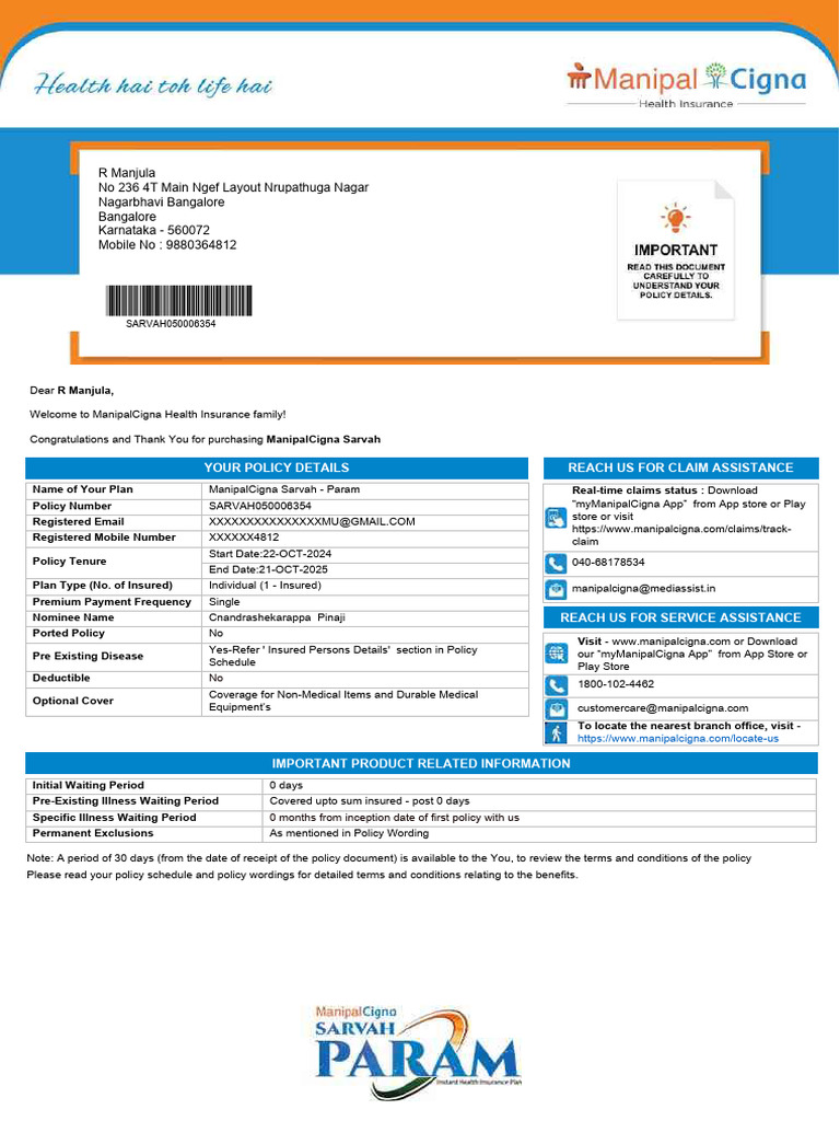 Policy Kit Sarvah050006354 | PDF | Insurance | Deductible