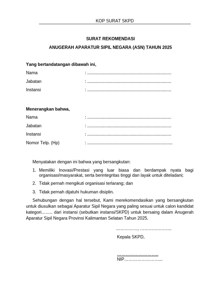 Format Surat Rekomendasi Calon Kandidat Anugerah ASN | PDF