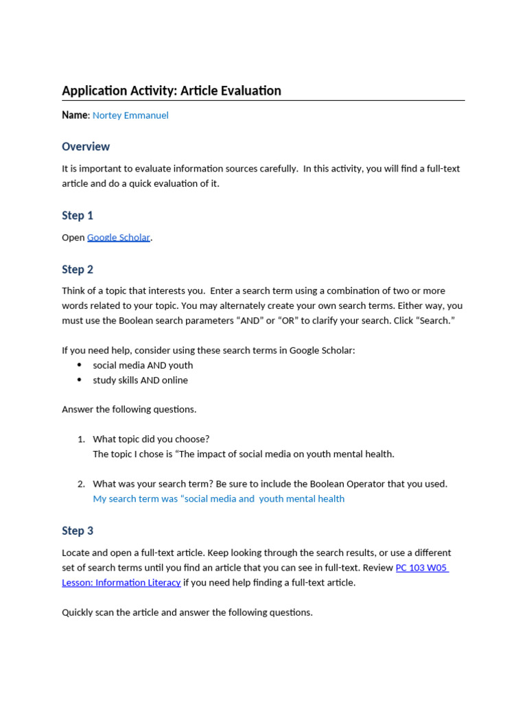 Pc103 W05 Document-Applicationactivityarticleevaluation-template 1619754 | PDF | Learning ...