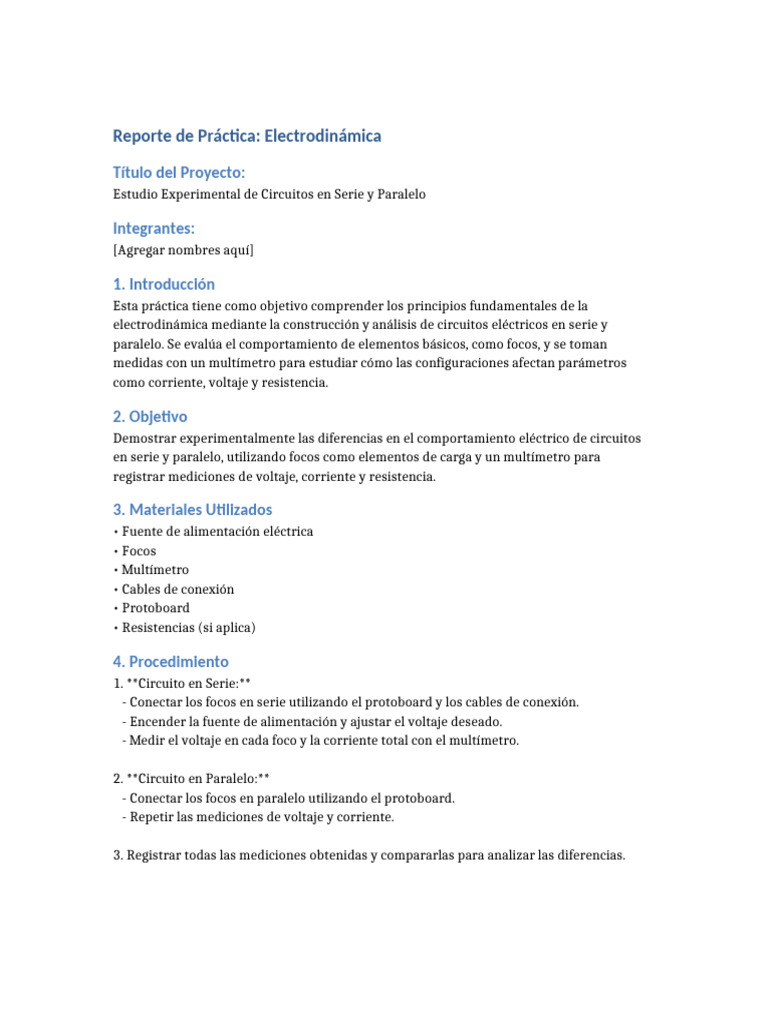 Reporte Practica Electrodinamica | PDF | Red eléctrica | voltaje