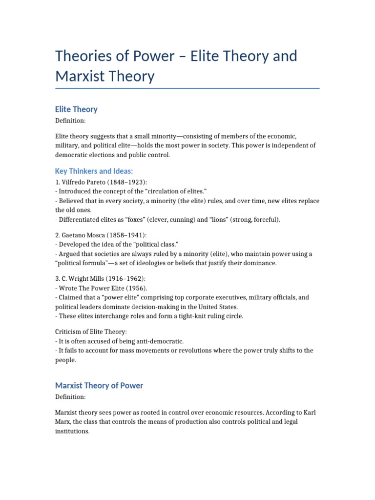 Elite and Marxist Theories of Power | PDF | Marxism | Political Science