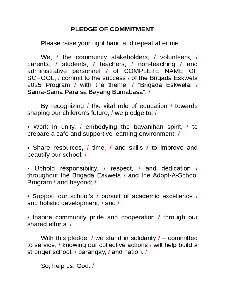 Brigada Eskwela 2025 Commitment Pledge | PDF