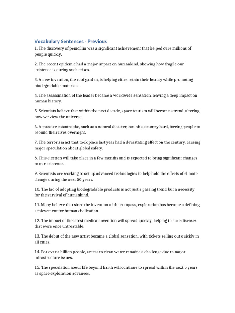 Vocabulary Sentences Previous | PDF