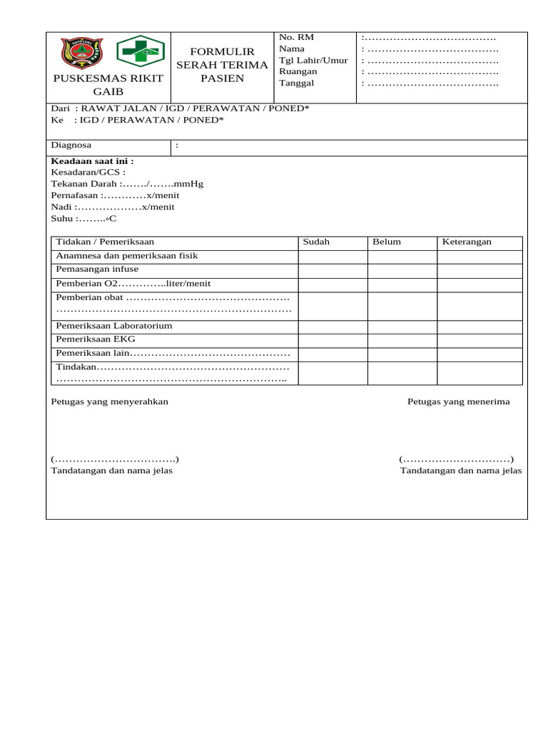 Form Serah Terima Pasien | PDF
