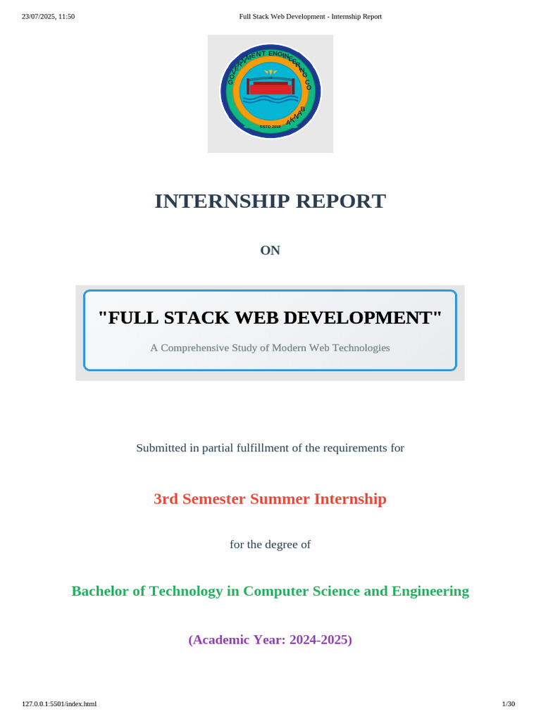 Full Stack Web Development - Internship Report | PDF | Web Development | Databases