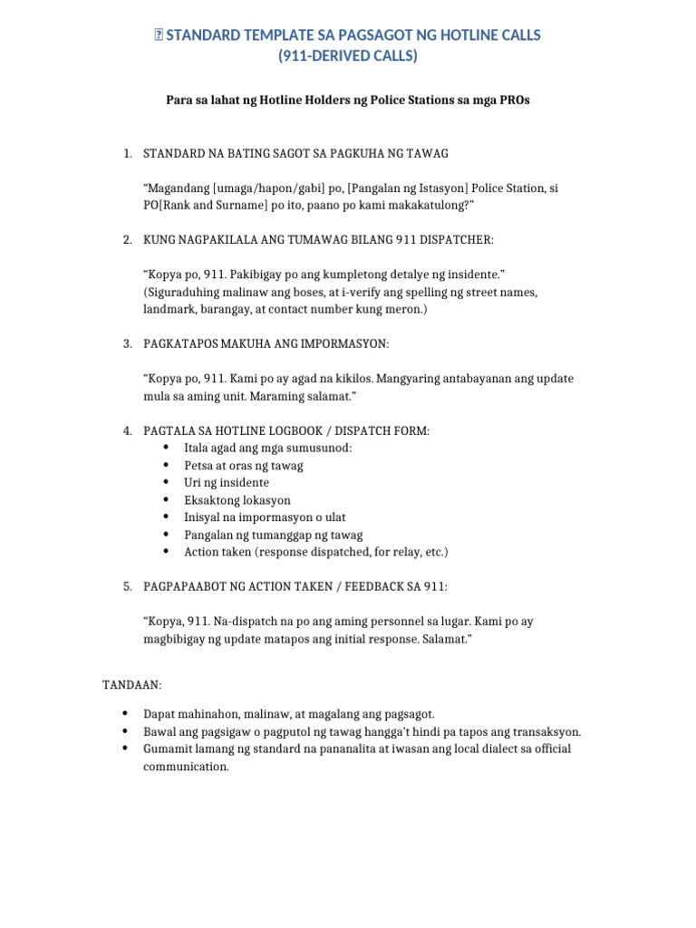 Standard Hotline Call Template 911 | PDF