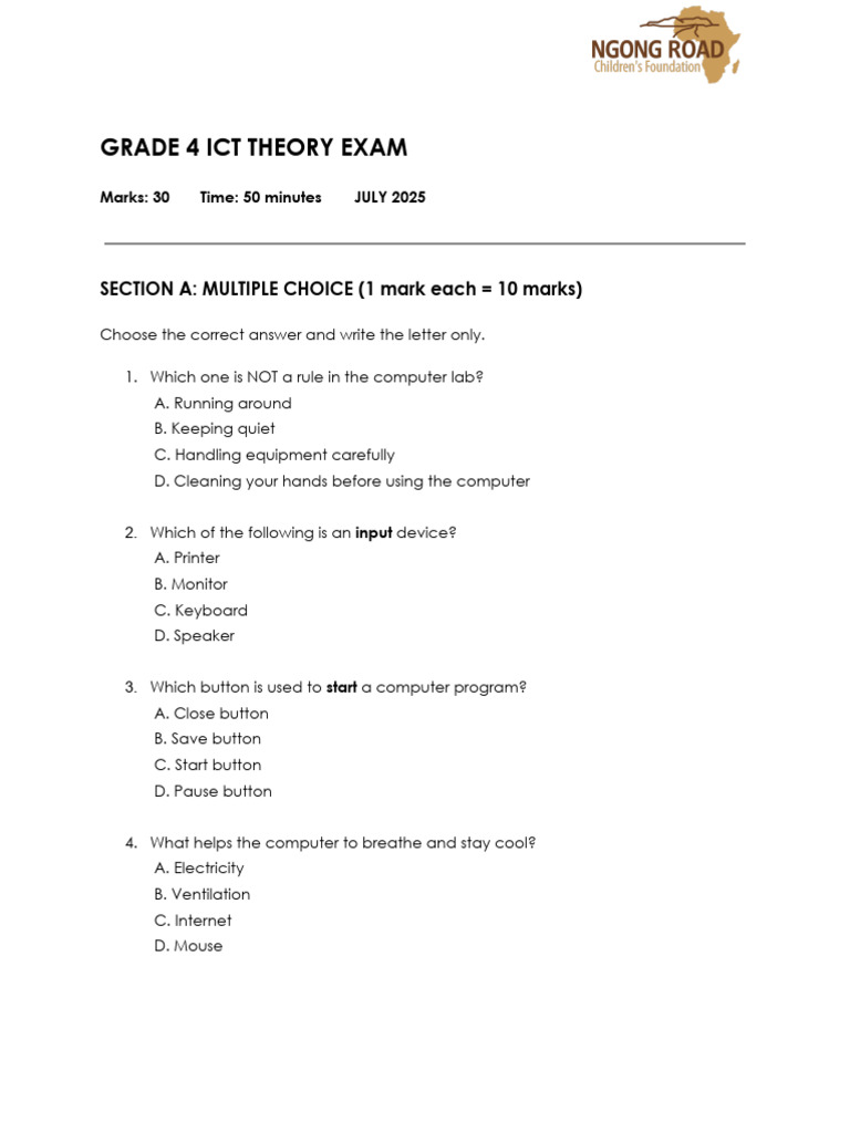 Grade 4 ICT Theory Exam Paper | PDF | Word Processor | Computer Science