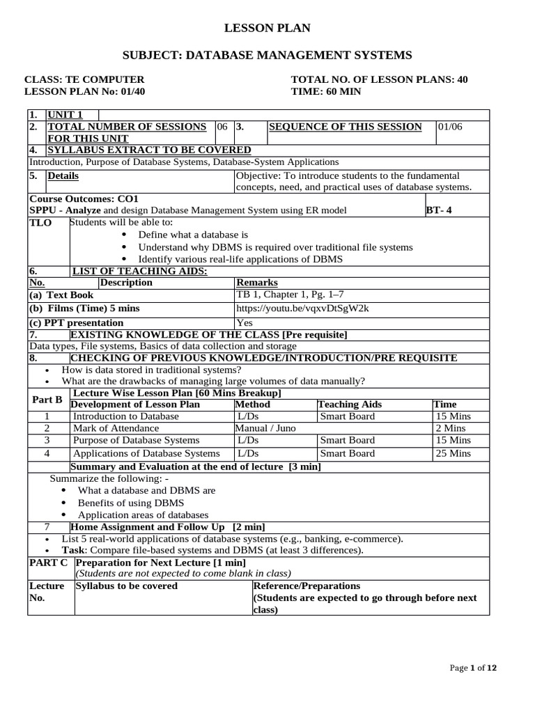 DBMS Full Lesson Plan | PDF | Databases | Sql