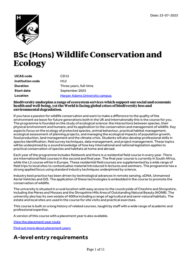 BSc Wildlife Conservation and Ecology Course | PDF | Ecology ...