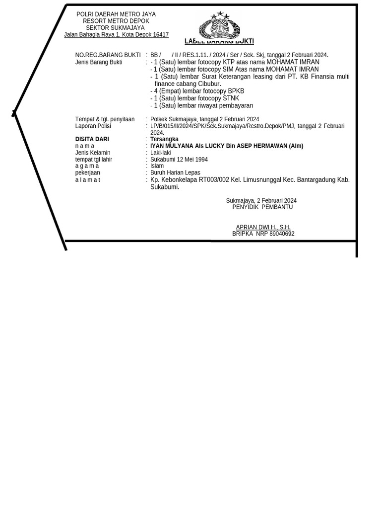Label Barang Bukti | PDF