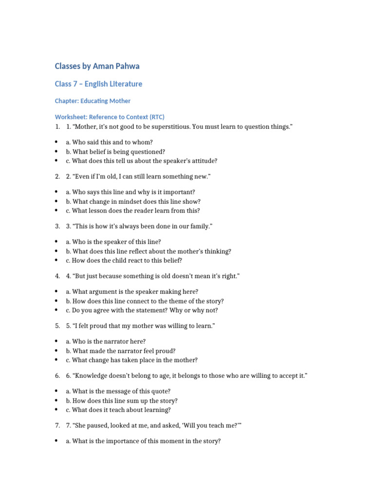Educating Mother RTC Worksheet Class7 | PDF