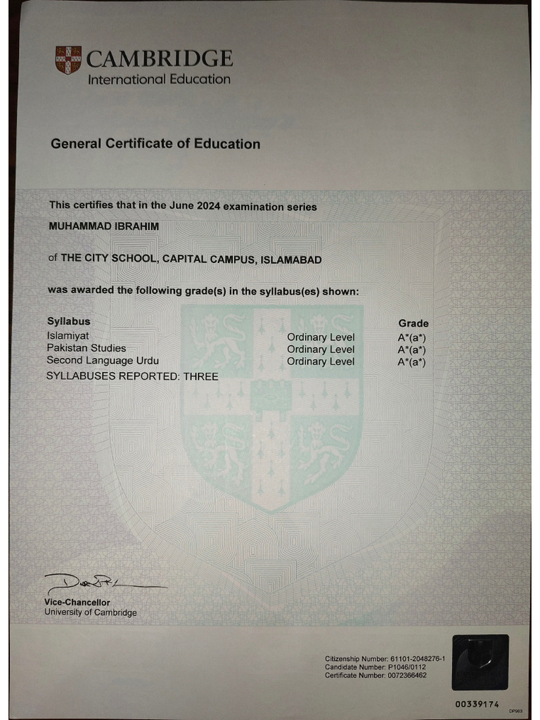 Muhammad Ibrahim CAIE Result May June 2024 Session. | PDF