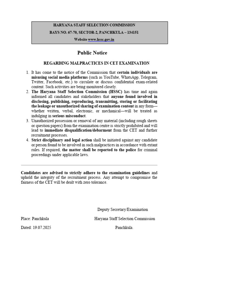 HSSC Warning on CET Exam Malpractices | PDF