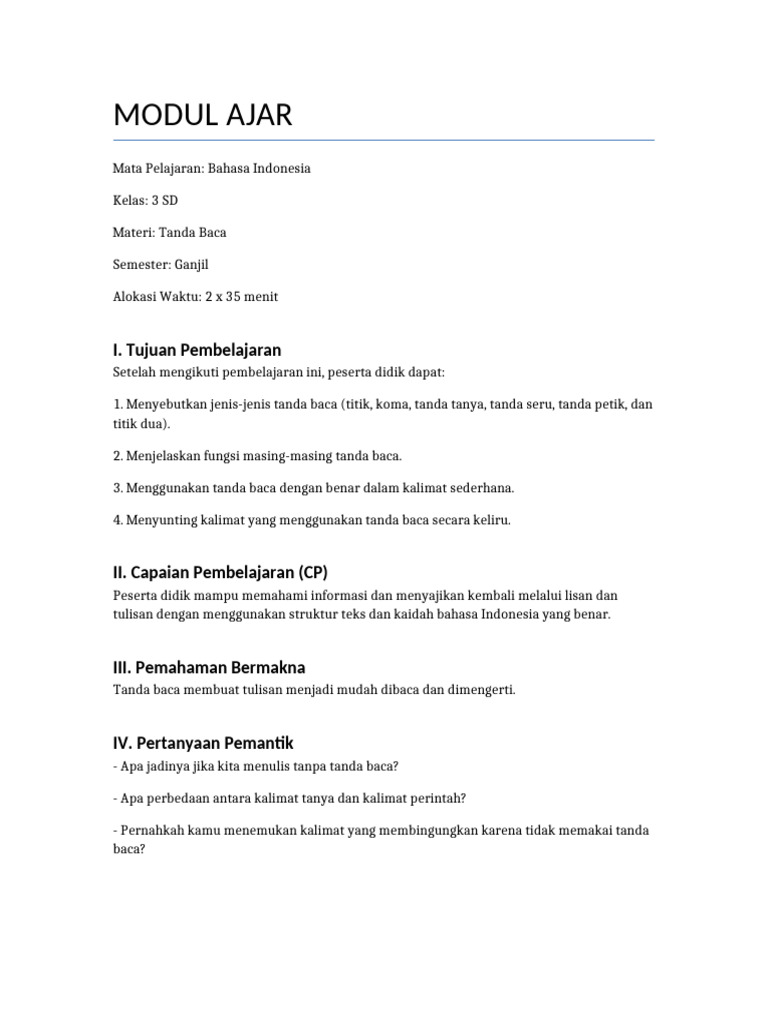 Modul Ajar Tanda Baca Kelas 3 | PDF