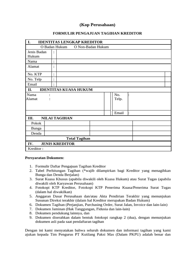 Form Pengajuan Tagihan PT Kutilang Paksi Mas (Dalam PKPU) | PDF