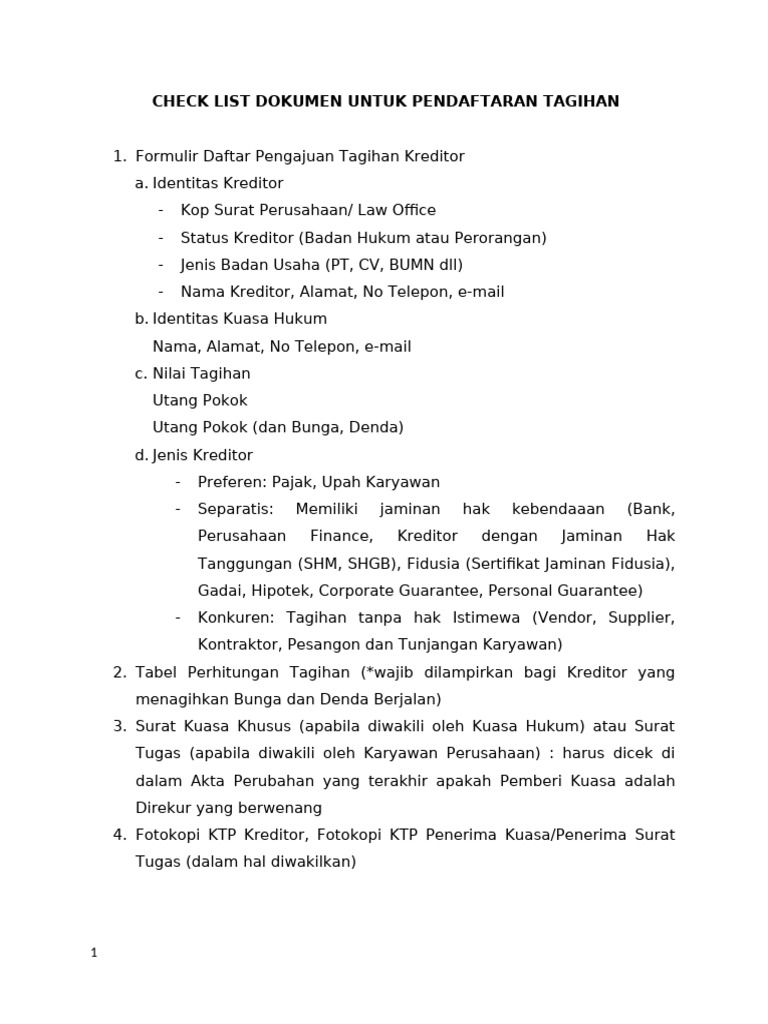 Check List Dokumen Untuk Pendaftaran Tagihan | PDF