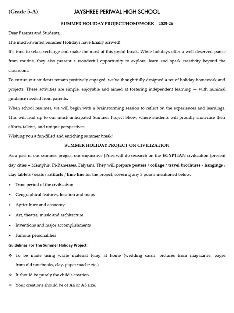 Grade 5-A Summer Holiday Projects 2025-26 | PDF