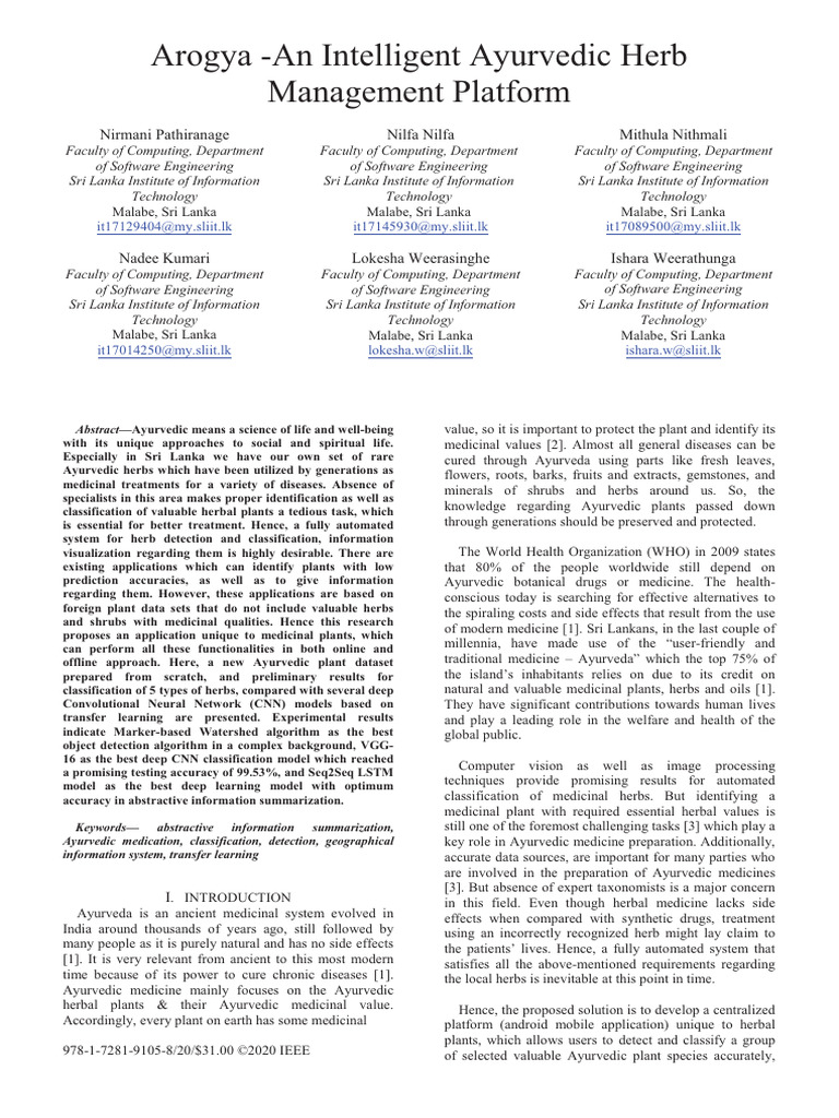 Arogya - An Intelligent Ayurvedic Herb Management Platform | PDF | Image Segmentation | Ayurveda