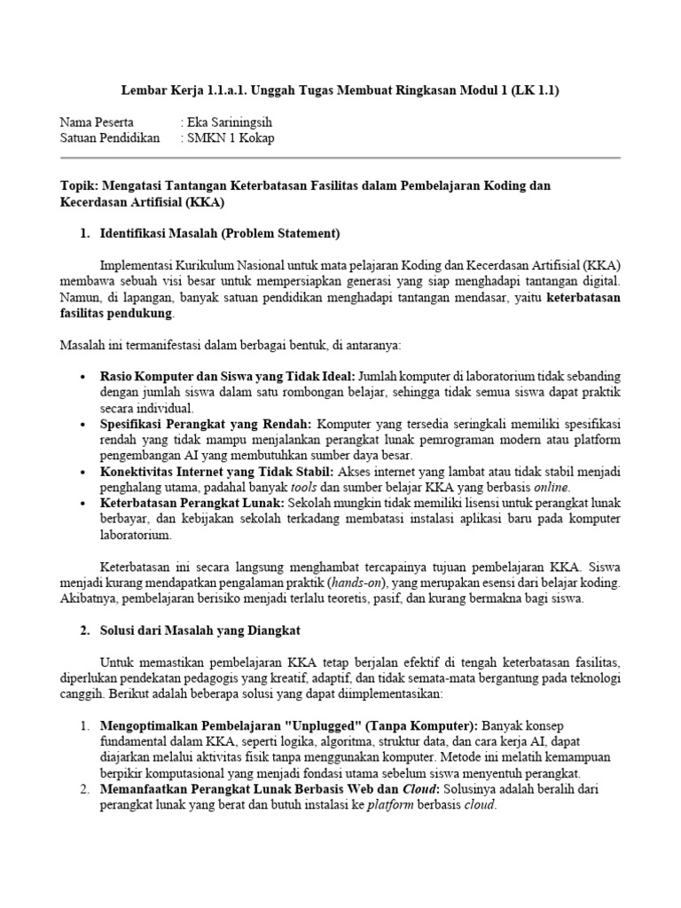 LK 1.1 Resume Modul 1-Berkait Implementasi Pembelajaran Koding Dan KA | PDF
