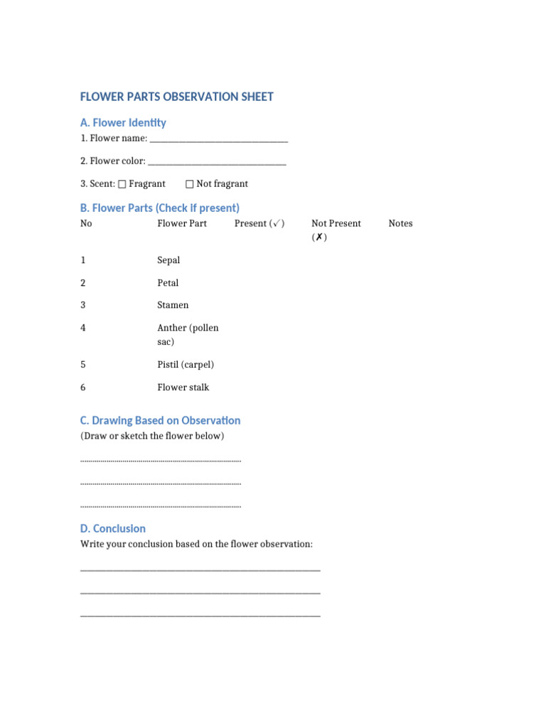 Flower Parts Observation Sheet | PDF