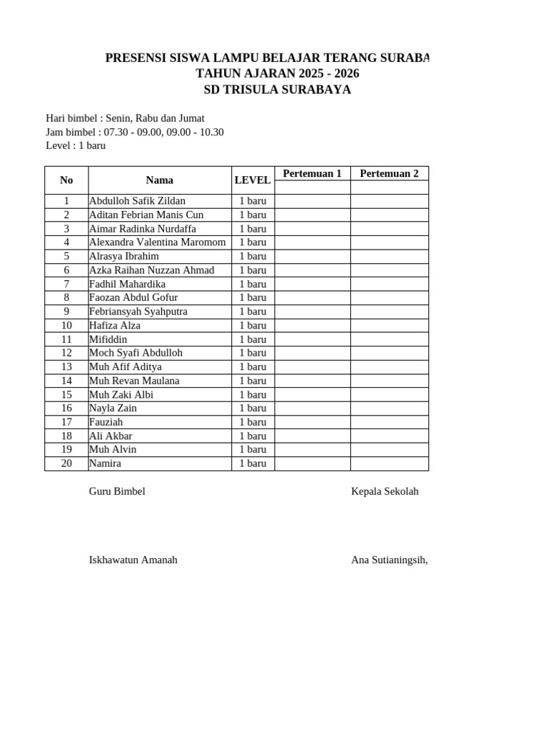 Absen Hadir Siswa 2025 - 2026 New | PDF