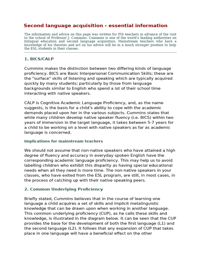 Cummins' Academic Language Insights | PDF | English As A Second Or ...
