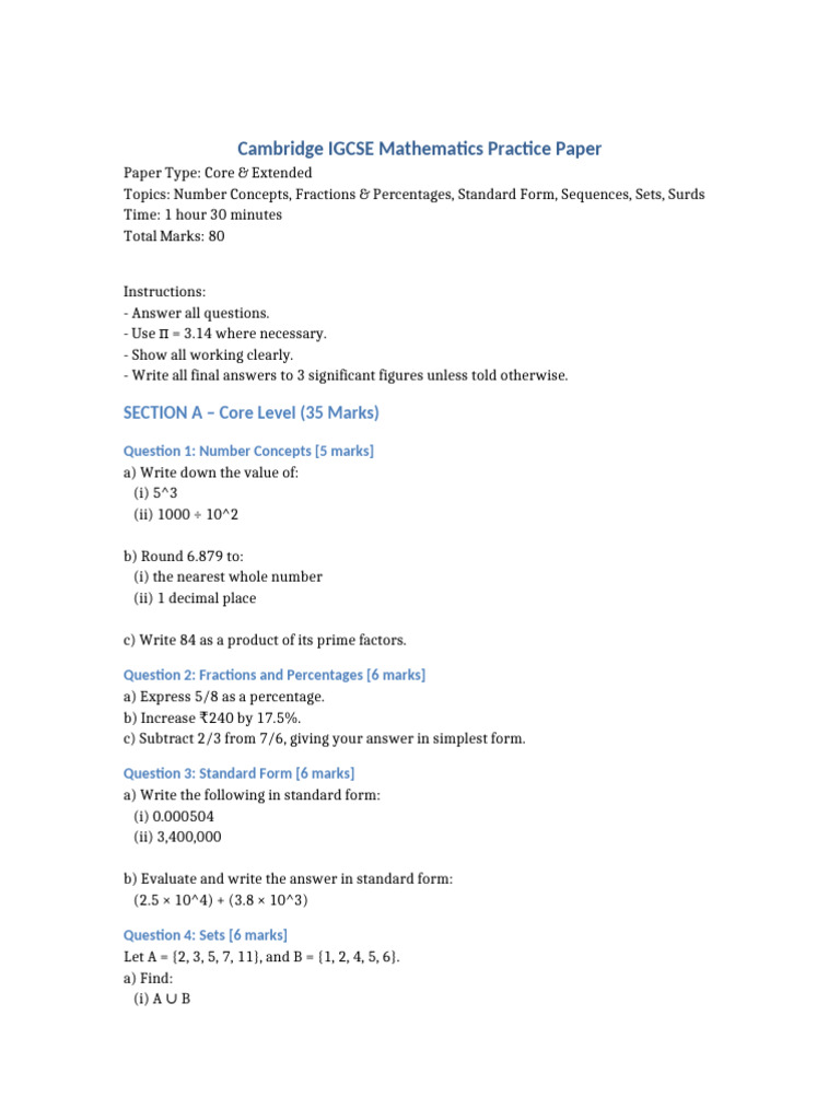 IGCSE Mathematics Practice Paper | PDF | Numbers | Arithmetic