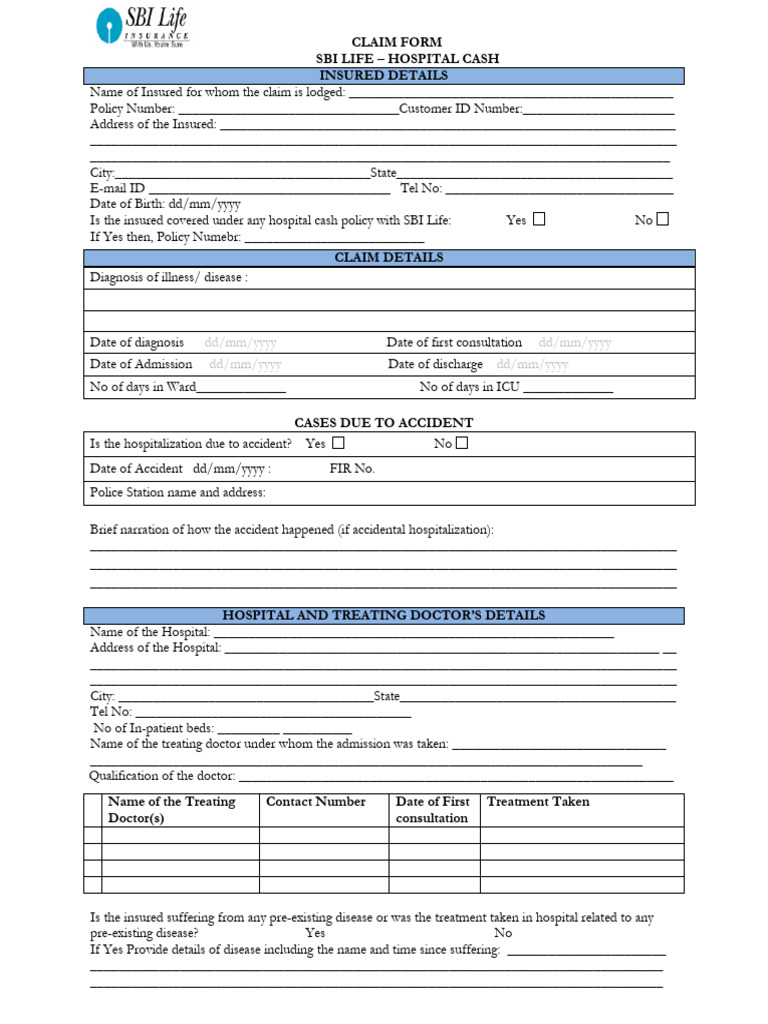 Claim Form - SBI Life | PDF | Insurance | Hospital