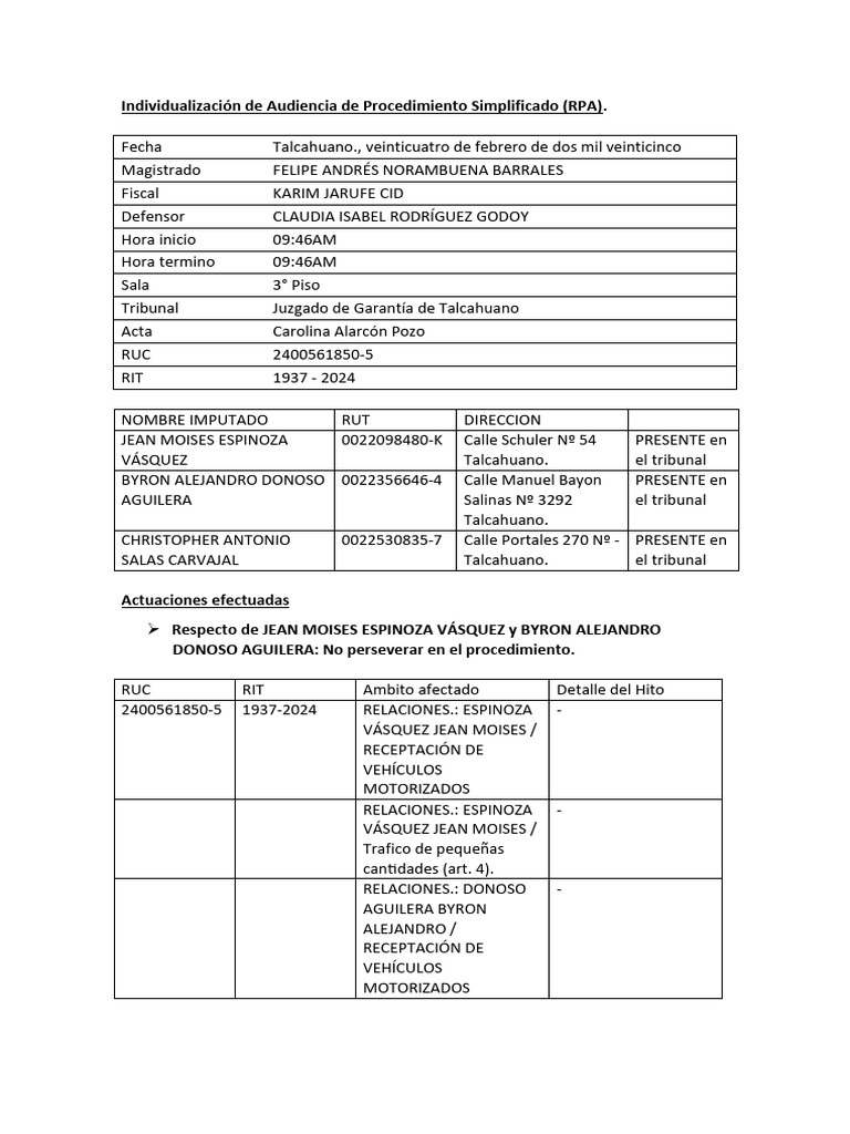 Individualización de Audiencia de Procedimiento Simplificado (RPA) | PDF | Justicia | Crimen y ...