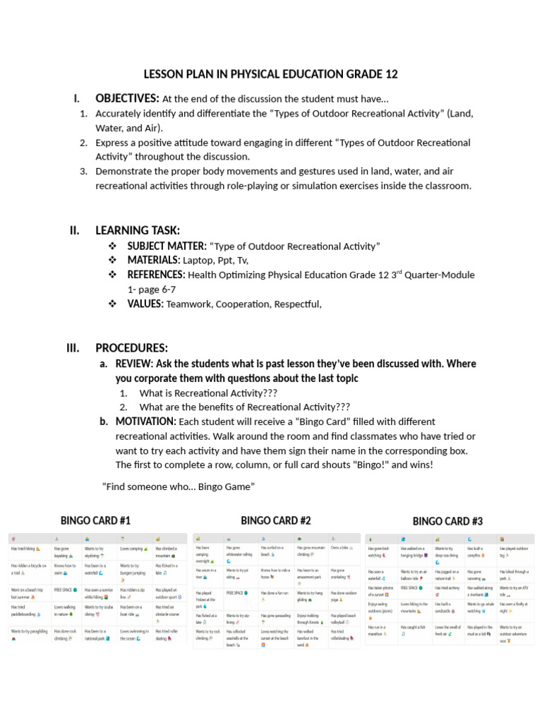 Lesson Plan in Physical Education Grade 12 | PDF | Outdoor Recreation ...