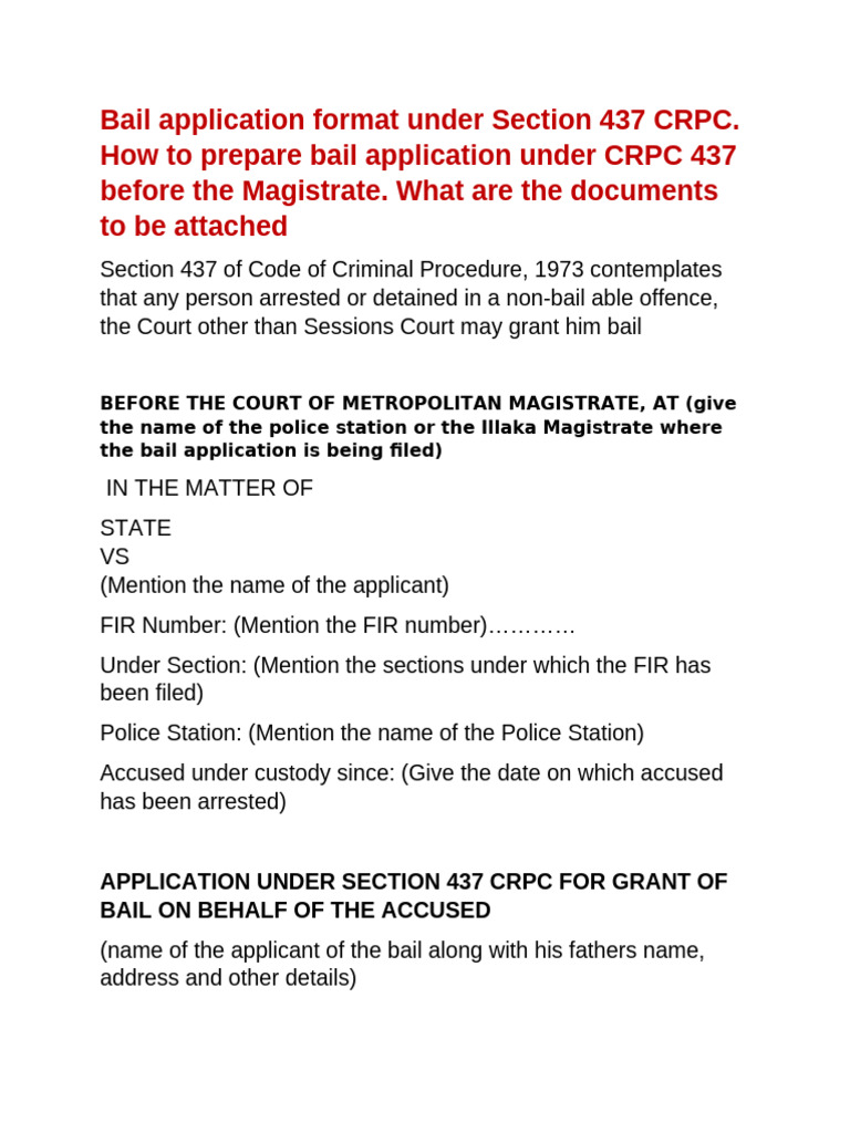 Bail Application Format Under Section 437 Crpc | PDF | Bail | Arrest