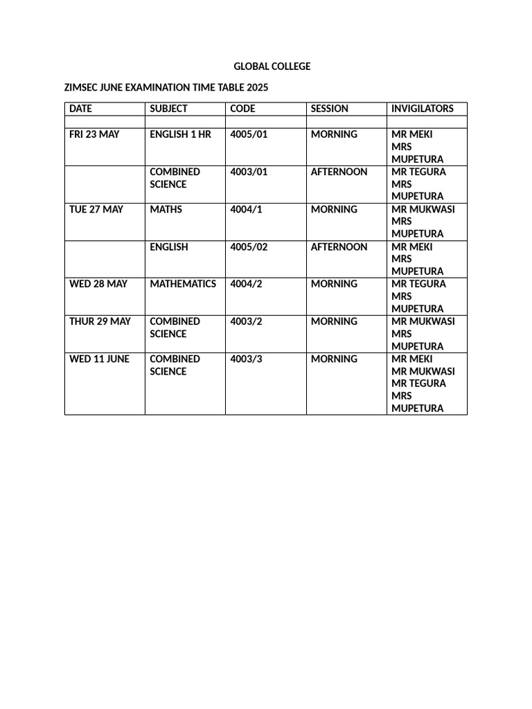 ZIMSEC June 2025 Exam Timetable | PDF