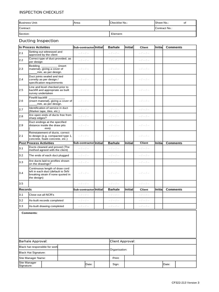 Ducting Inspection Checklist Template | PDF | Duct (Flow)