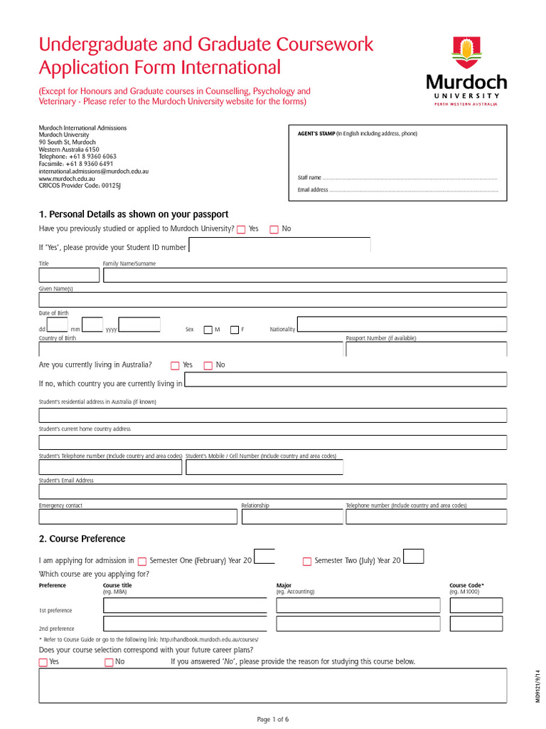 Murdoch Application Form | PDF | Cost Of Living | Travel Visa