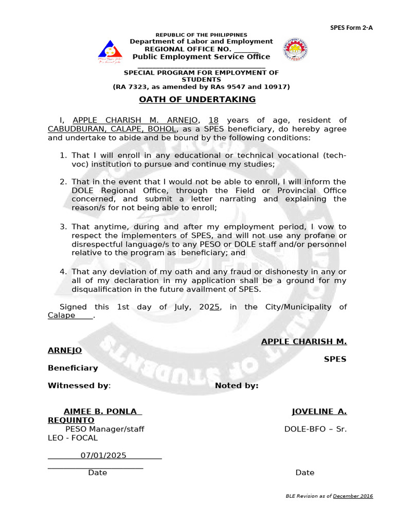 Spes Form 2-A - Oath of Undertaking - Dec16.final | PDF | Chess Theory | Chess