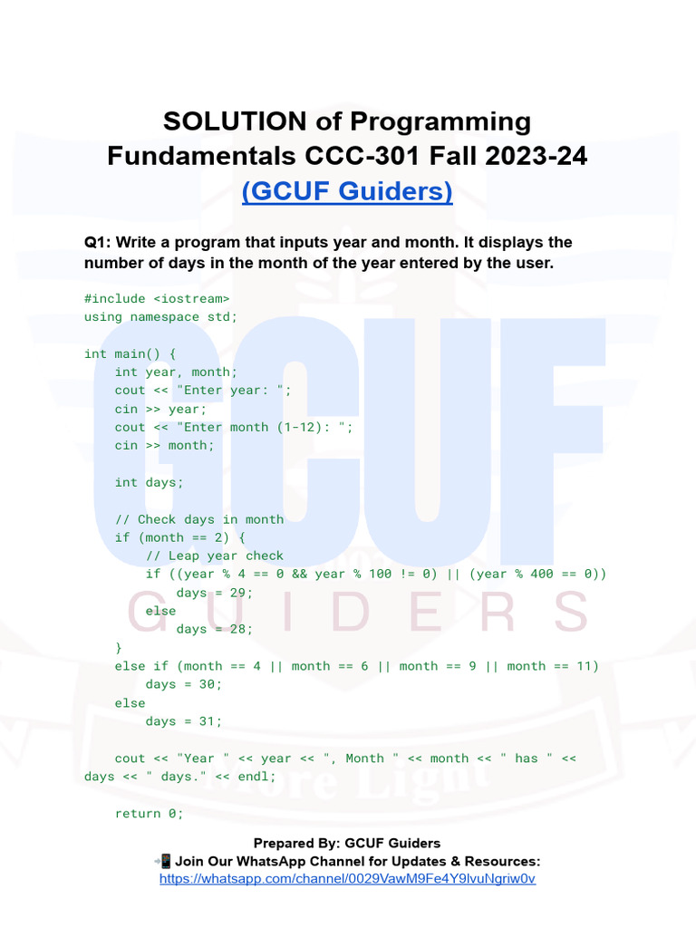SOLUTION of Programming Fundamentals CCC-301 Fall 2023-24 (GCUF GUIDERS) | PDF | Computer ...