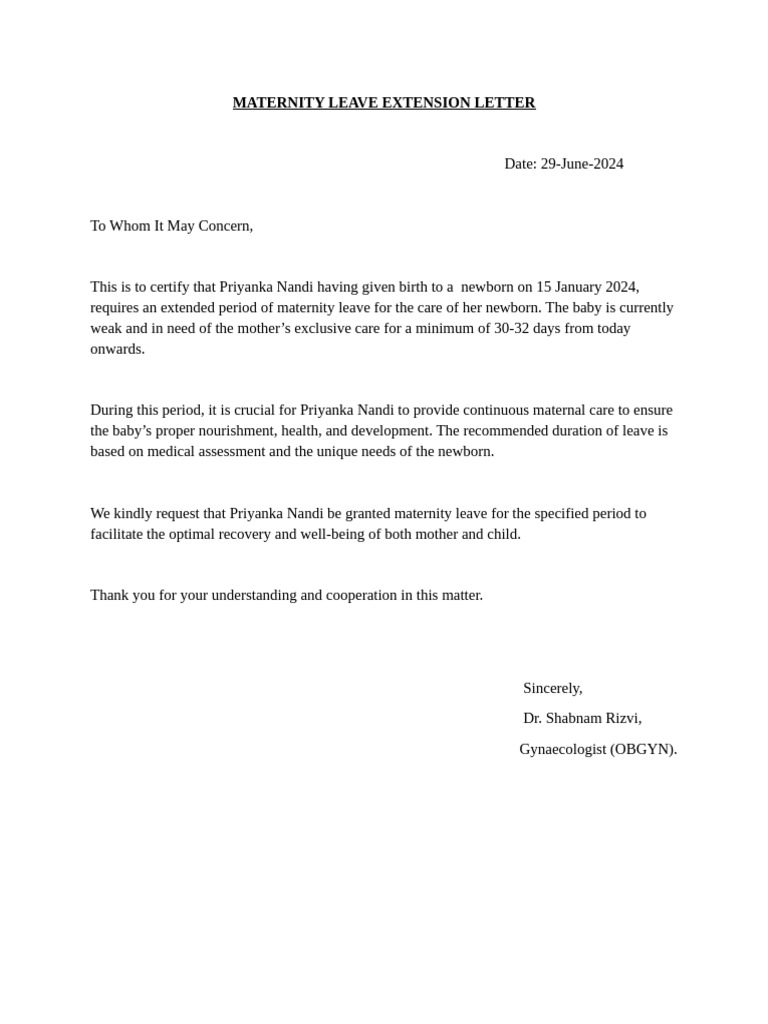 Maternity Leave Extension Letter | PDF